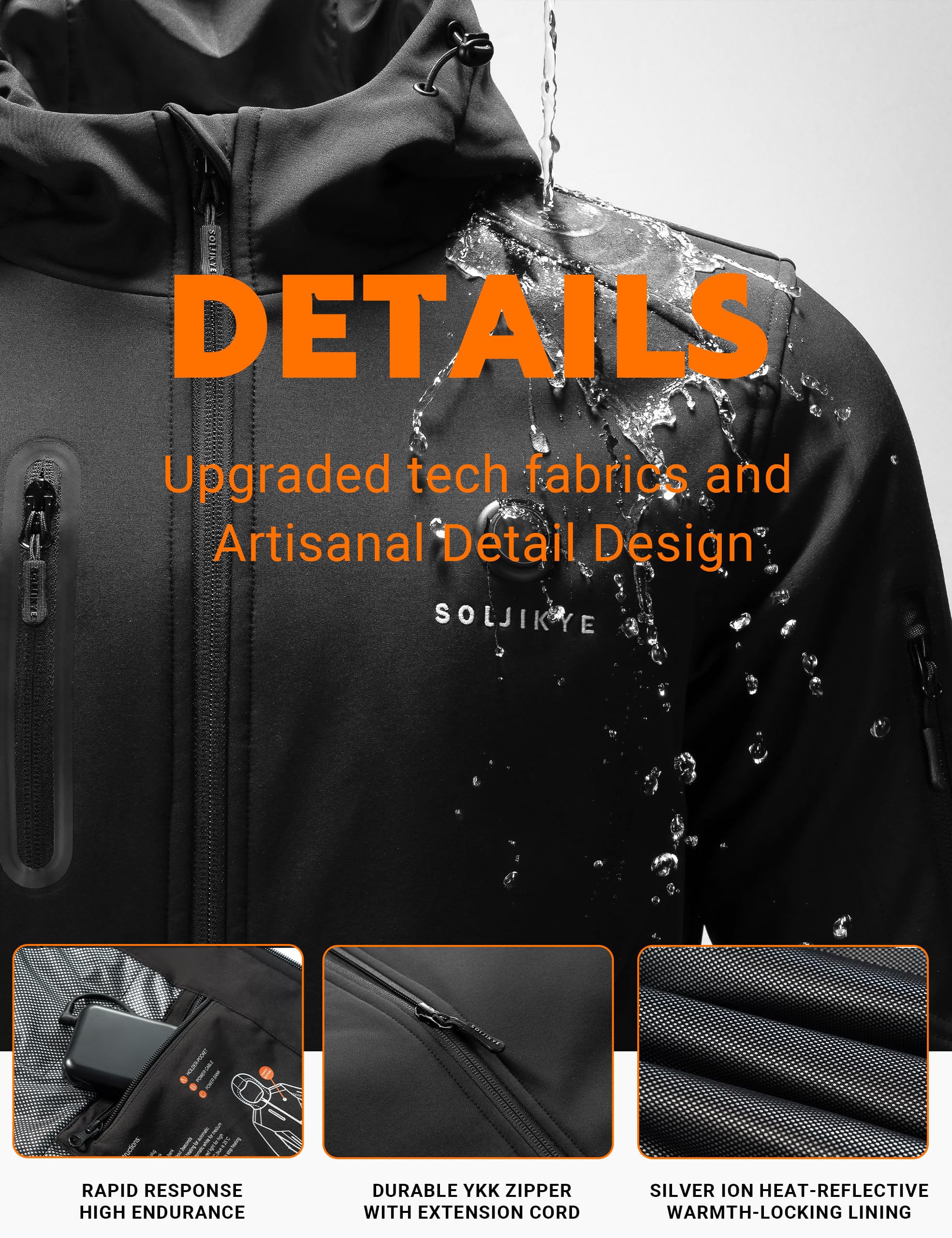 SOLJIKYE Heated Jackets for Men with Battery Pack, Winter Windproof Soft Shell Electric Heated Coat, Black