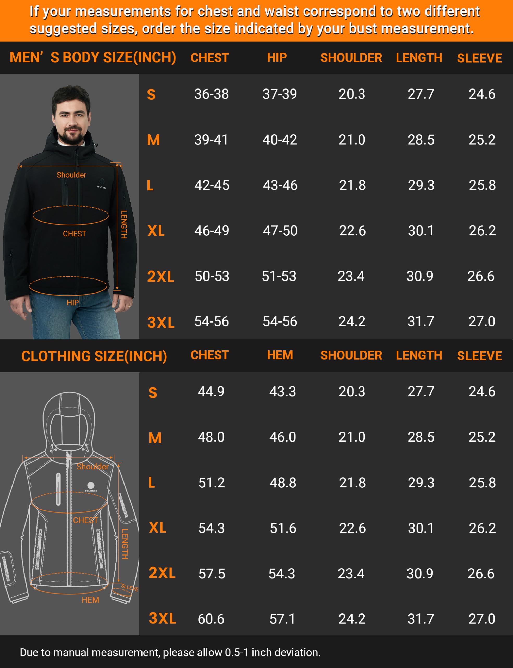 SOLJIKYE Heated Jackets for Men with Battery Pack, Winter Windproof Soft Shell Electric Heated Coat, Black