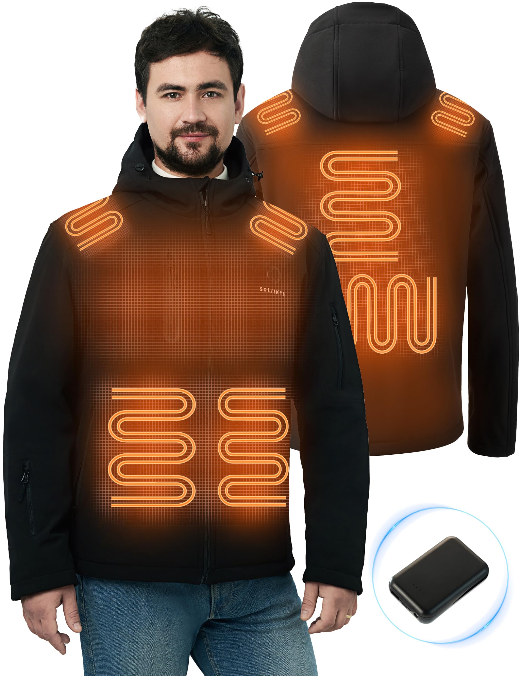 SOLJIKYE Heated Jackets for Men with Battery Pack, Winter Windproof Soft Shell Electric Heated Coat, Black