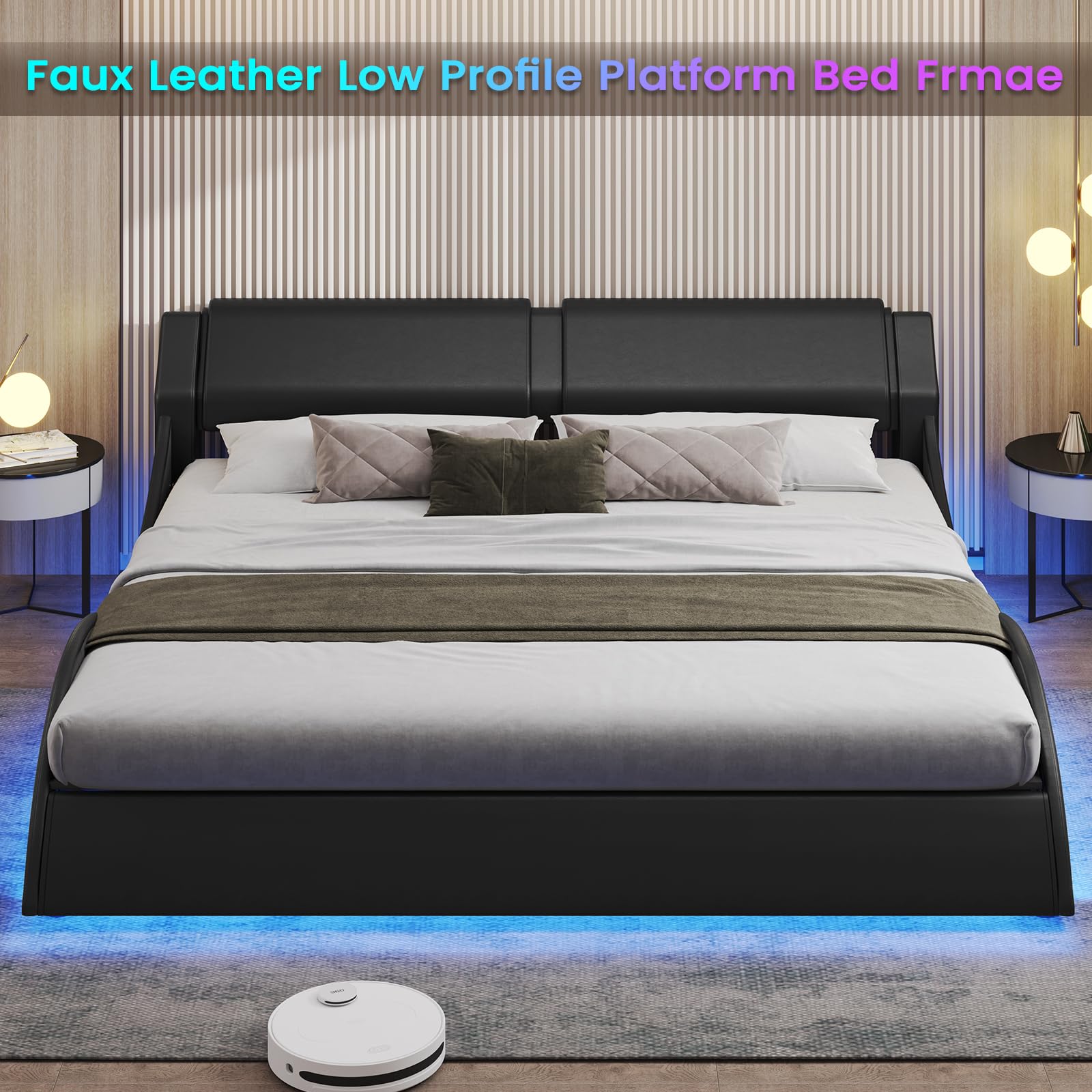 DICTAC King Led Bed Frame Modern Faux Leather Low Profile Platform Bed Frame King Size with RGB LED Lights and Headboard Wave Like Curve King Bed Frame,Wood Slats Support,Easy Assembly,Black