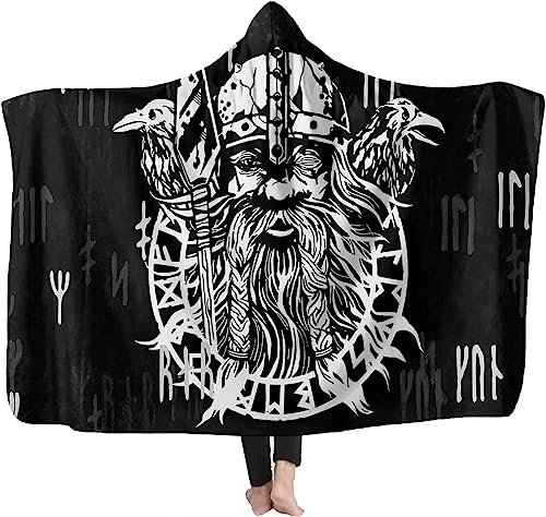 Viking 3D Printed Hooded Blanket Warm Soft Awe Helmet Valhalla Raven Totem Unisex Winter Wearable Hooded Blanket Double Thick Plush Fleece Blanket Cape ( Color : Blanket , Size : 80x60in/150x200cm )