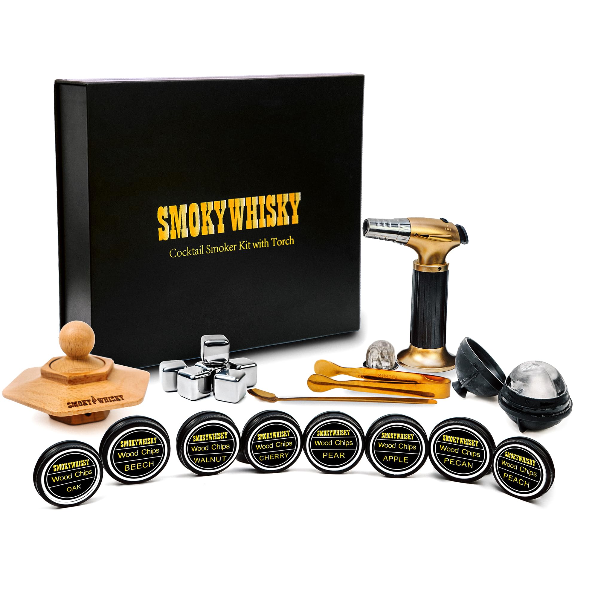 Cocktail Smoker Kit with Torch – 8 Flavors Wood Chips – Bourbon, Whiskey Smoking Infuser Kit, Old Fashioned Drink Smoker Set, Smokeshow Bourbon Craft, Birthday Gifts for Men, Dad (Without Butane)