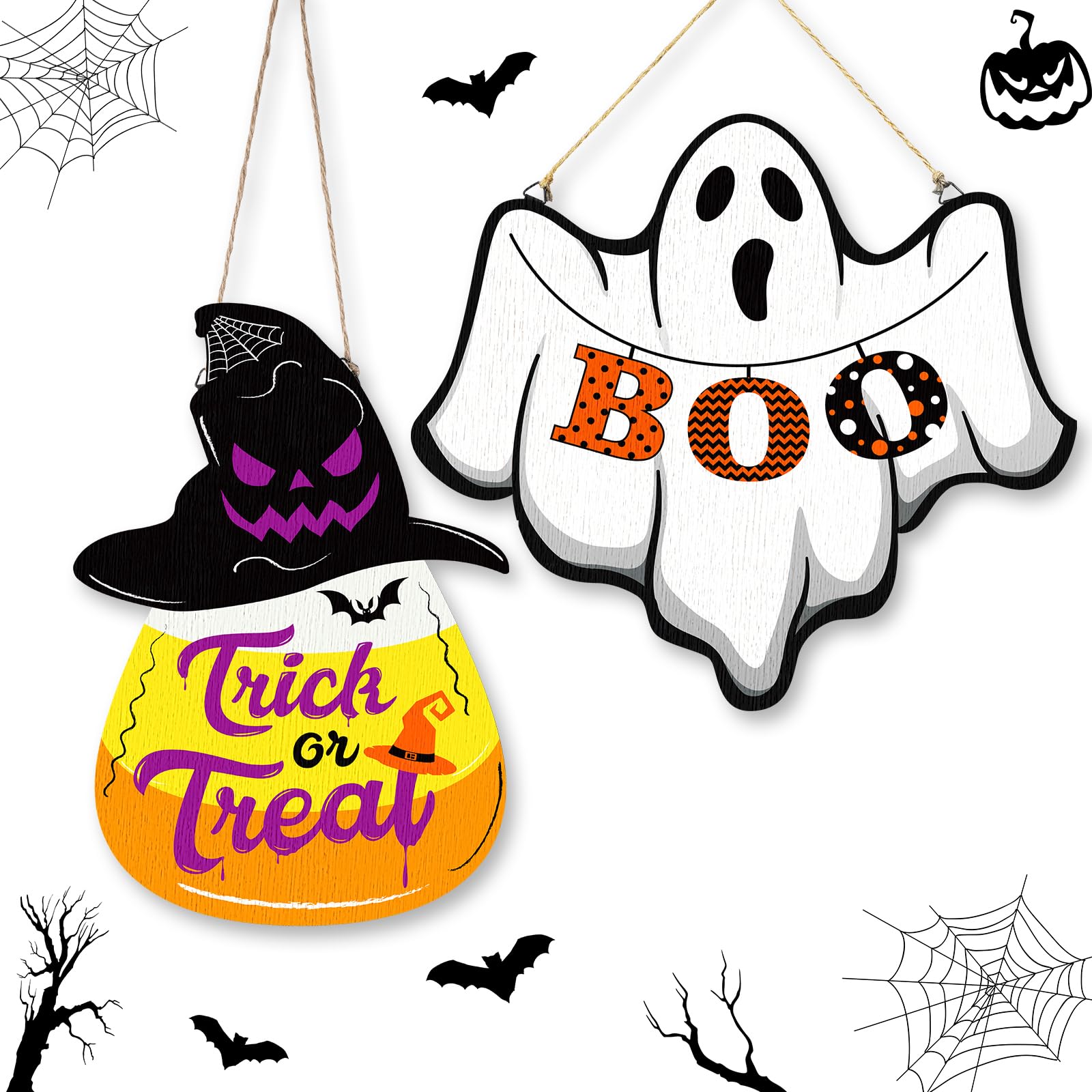 Barydat 2 Pcs Halloween Door Sign Halloween Wooden Hanging Sign Halloween Trick or Treat Door Sign Boo Wooden Welcome Door Sign for Home Indoor Outdoor Yard Party Decor (Ghost Style)