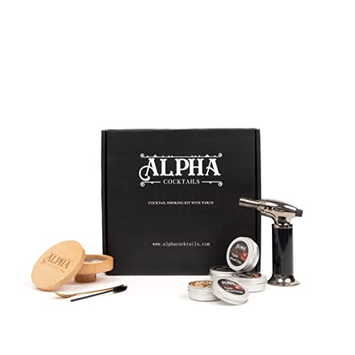 Alpha Cocktails - Cocktail Smoker Kit with Torch - Great for Smoking Whiskey and Bourbon Drinks - 4 Flavors of Smoking Wood Chips with Butane Torch - Homemade Smoked Cocktails - [butane not included]