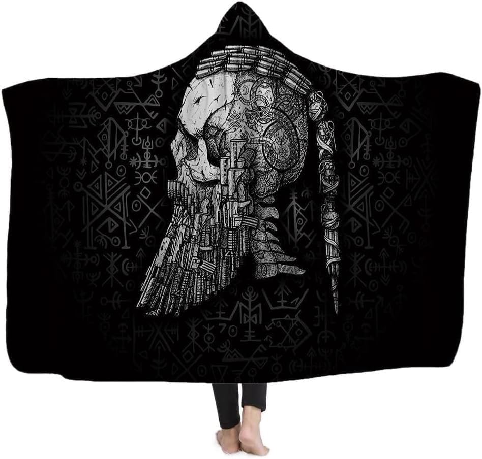 Viking 3D Printing Hooded Blanket Keeps Warm And Soft Vaknut Skull Rune Totem Unisex Winter Wearable Hooded Blanket Double Thick Plush Wool Blanket Cloak ( Color : Blanket , Size : 80x60in/150x200cm )