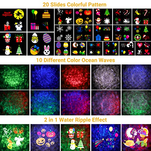 Christmas Holiday LED Projector Lights,Waterproof 3D Ocean Wave & 20 Patterns Double Projection Light with Remote for Birthday Party Garden Decorations