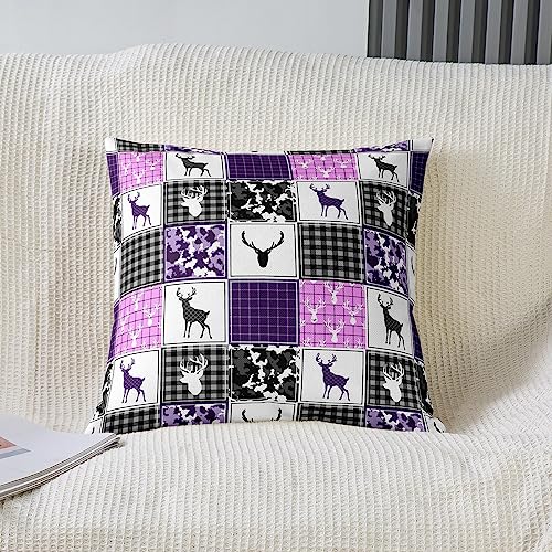 Set of 2 Camo Deer Throw Pillow Covers 20x20 Inch, Buffalo Check Pillow Covers for Girls, Patchwork Geometric Plaid Purple Gray Farmhouse Boho Xmas Camouflage Antlers Moose Elk Cushion Cases