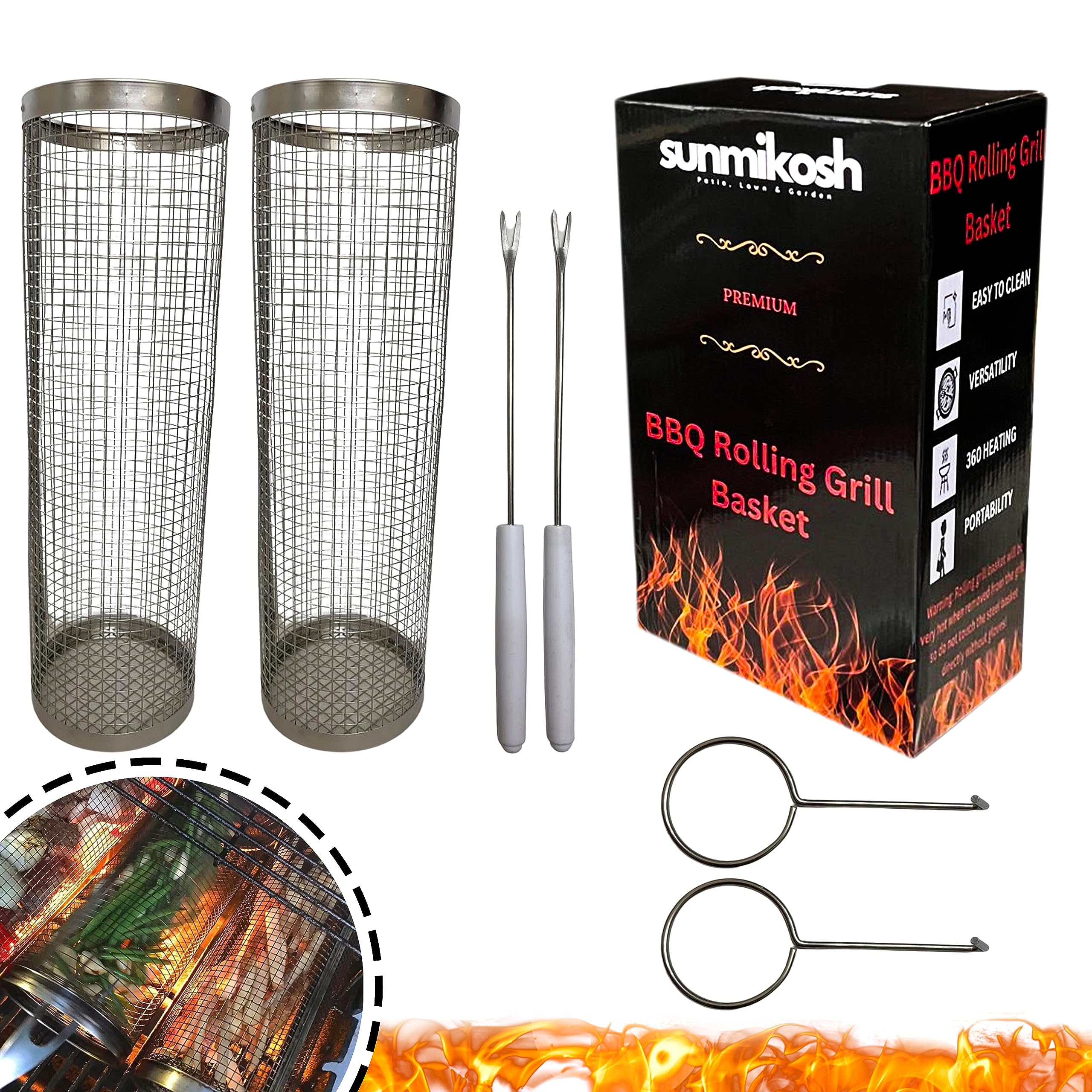 Sunmikosh Rolling Grilling Basket - Barbecue Portable Roll Grill Basket for Outdoor Camping - Stainless Steel BBQ Net Tube Grill Basket, Suitable For Fish, Kabob, Meat, Vegetables, French Fries
