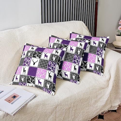 Set of 2 Camo Deer Throw Pillow Covers 20x20 Inch, Buffalo Check Pillow Covers for Girls, Patchwork Geometric Plaid Purple Gray Farmhouse Boho Xmas Camouflage Antlers Moose Elk Cushion Cases