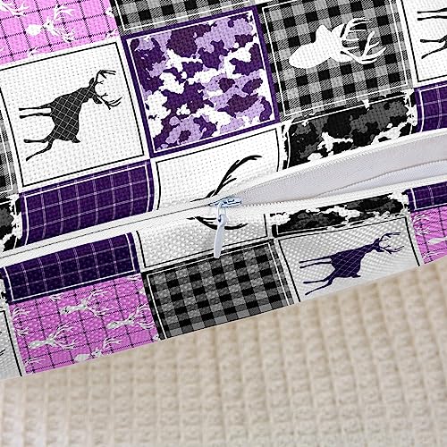 Set of 2 Camo Deer Throw Pillow Covers 20x20 Inch, Buffalo Check Pillow Covers for Girls, Patchwork Geometric Plaid Purple Gray Farmhouse Boho Xmas Camouflage Antlers Moose Elk Cushion Cases