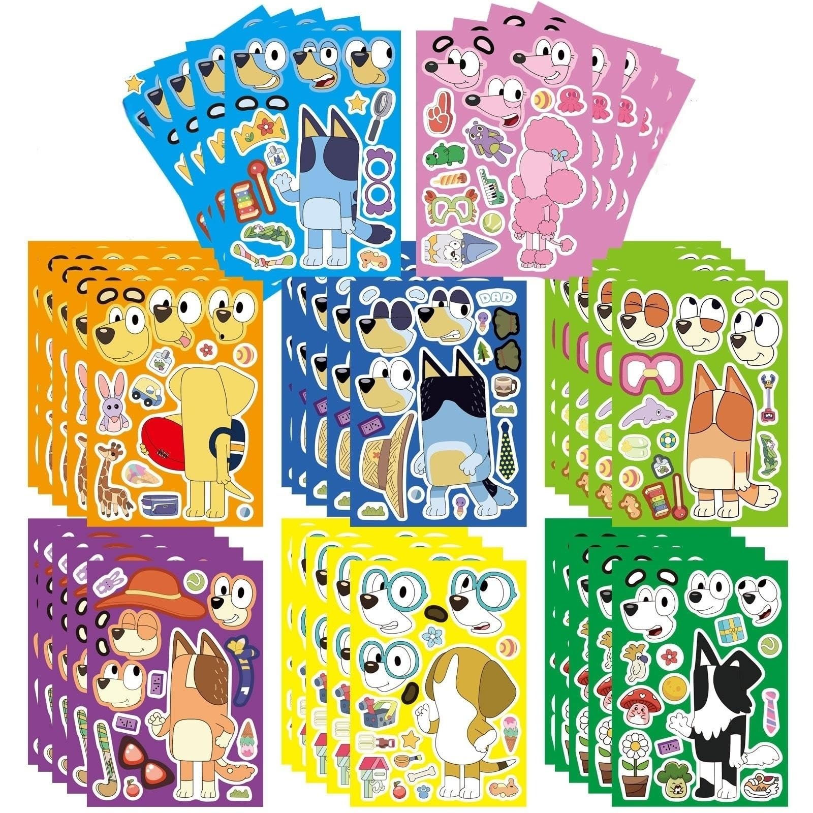 40-Piece Blue Make-a-face Stickers Pack, Make Your Own Stickers Fun Craft Project for Kids Teens, Mixed & Matched With 8 Designed Characters(5 of each) Stickers for Party Decoration, Reward, Decor,