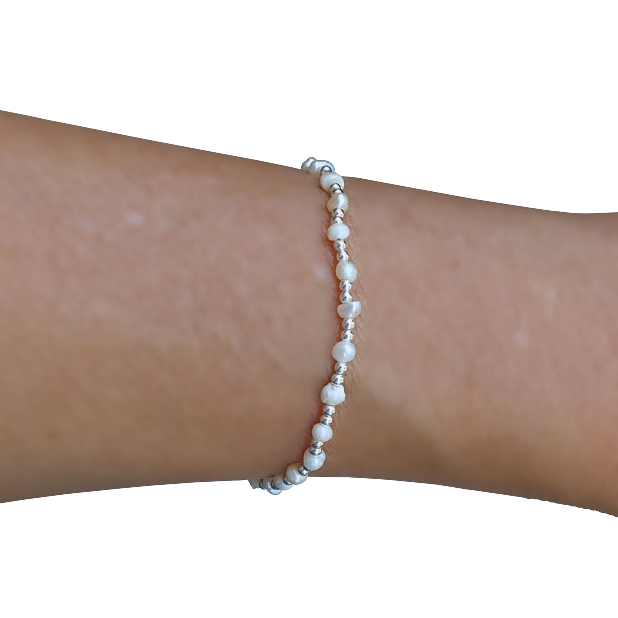 Handmade 925 Sterling Silver & Pearls Beaded Stretch Bracelet for women, Length 6.75 inches / 17CM, Dainty Beaded Bracelet Boho Jewelry, By MiYa Jewelry Creations