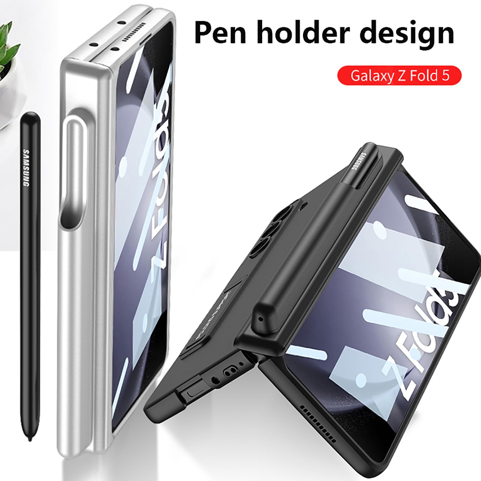 BRAND SET Galaxy Z Fold 5 Case, All Inclusive Shockproof and Anti-Drop Galaxy Fold 5 Case with S Pen Holder, Protective Phone Case with Screen Protector Suitable for Samsung Galaxy Z Fold 5(Gray)