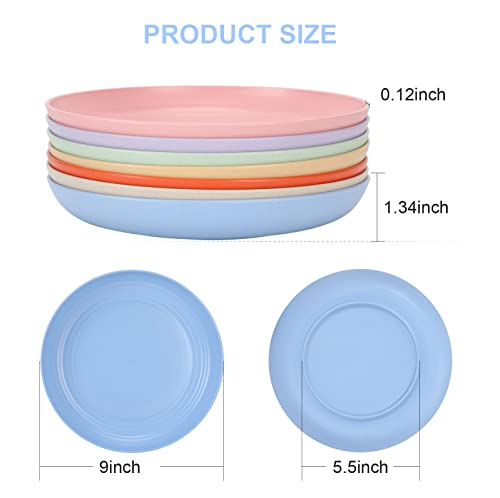 ZongXing 14 Pack Plates Set, 9 inch Wheat Straw Plates, Lightweight Unbreakable Dinner Plates Set, Healthy Cereal Dishes Dishwasher & Microwave Safe, Multi Color