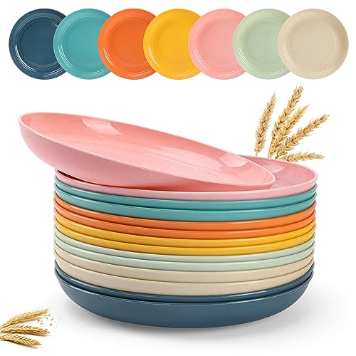 ZongXing 14 Pack Plates Set, 9 inch Wheat Straw Plates, Lightweight Unbreakable Dinner Plates Set, Healthy Cereal Dishes Dishwasher & Microwave Safe, Multi Color
