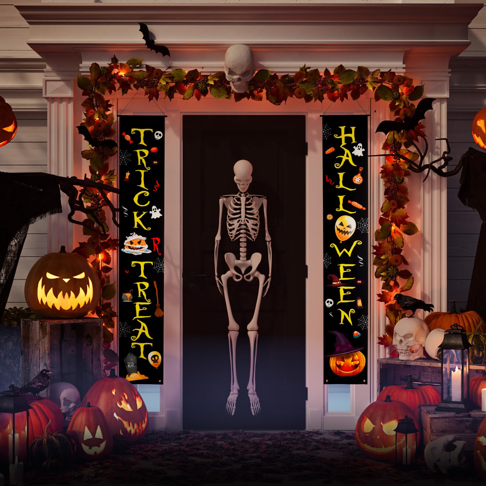 Gvhntk Halloween Door Porch Decor Banner Trick or Treat Halloween Sign Halloween Porch Decorations Hanging Banner for Front Door Indoor Outdoor Yard Party
