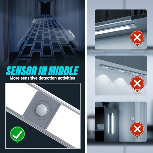 KIFACI Under Cabinet Lighting Indoor Rechargeable 12 Inch, 2 Pack Motion Sensor Under Cabinet Lighting Lights for Kitchen, Stair Wall Closet Light Indoor