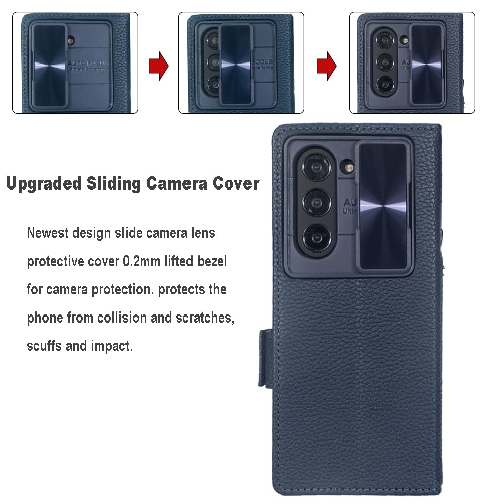 Vitodo for Galaxy Z Fold 5 Case with S Pen Holder - Genuine Leather Wallet Case Built in Slide Camera Cover, Card Slot, Kickstand, Hinge Protection Phone Cover for Samsung Galaxy Z Fold5 5G (Blue)