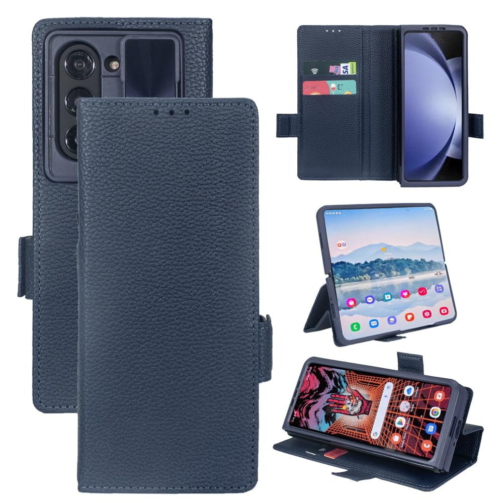 Vitodo for Galaxy Z Fold 5 Case with S Pen Holder - Genuine Leather Wallet Case Built in Slide Camera Cover, Card Slot, Kickstand, Hinge Protection Phone Cover for Samsung Galaxy Z Fold5 5G (Blue)