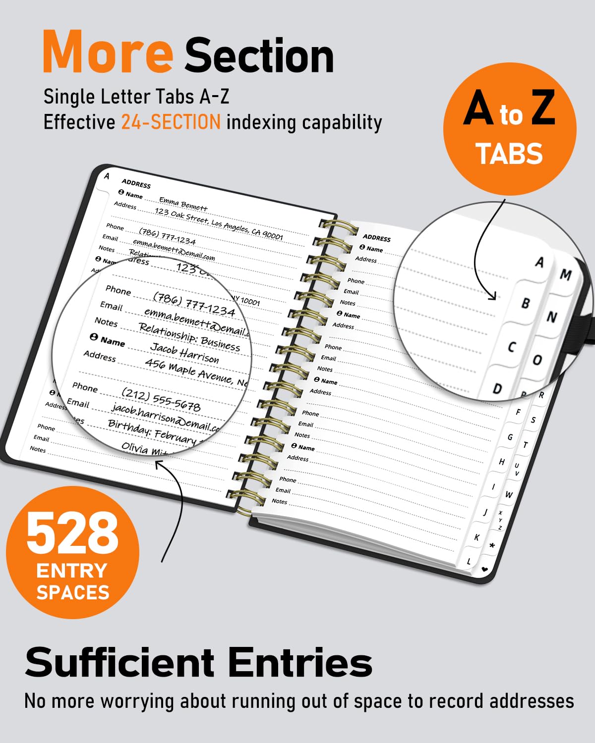 WEMATE Spiral Address Book with Alphabetical Tabs, Leather Password Book, Address Organizer Telephone Notebook Journal Keep Contact Safe Hardcover Large Print for Seniors Home Office 5.8″×8.2″, Black