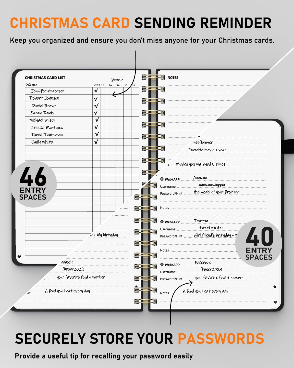 WEMATE Spiral Address Book with Alphabetical Tabs, Leather Password Book, Address Organizer Telephone Notebook Journal Keep Contact Safe Hardcover Large Print for Seniors Home Office 5.8″×8.2″, Black