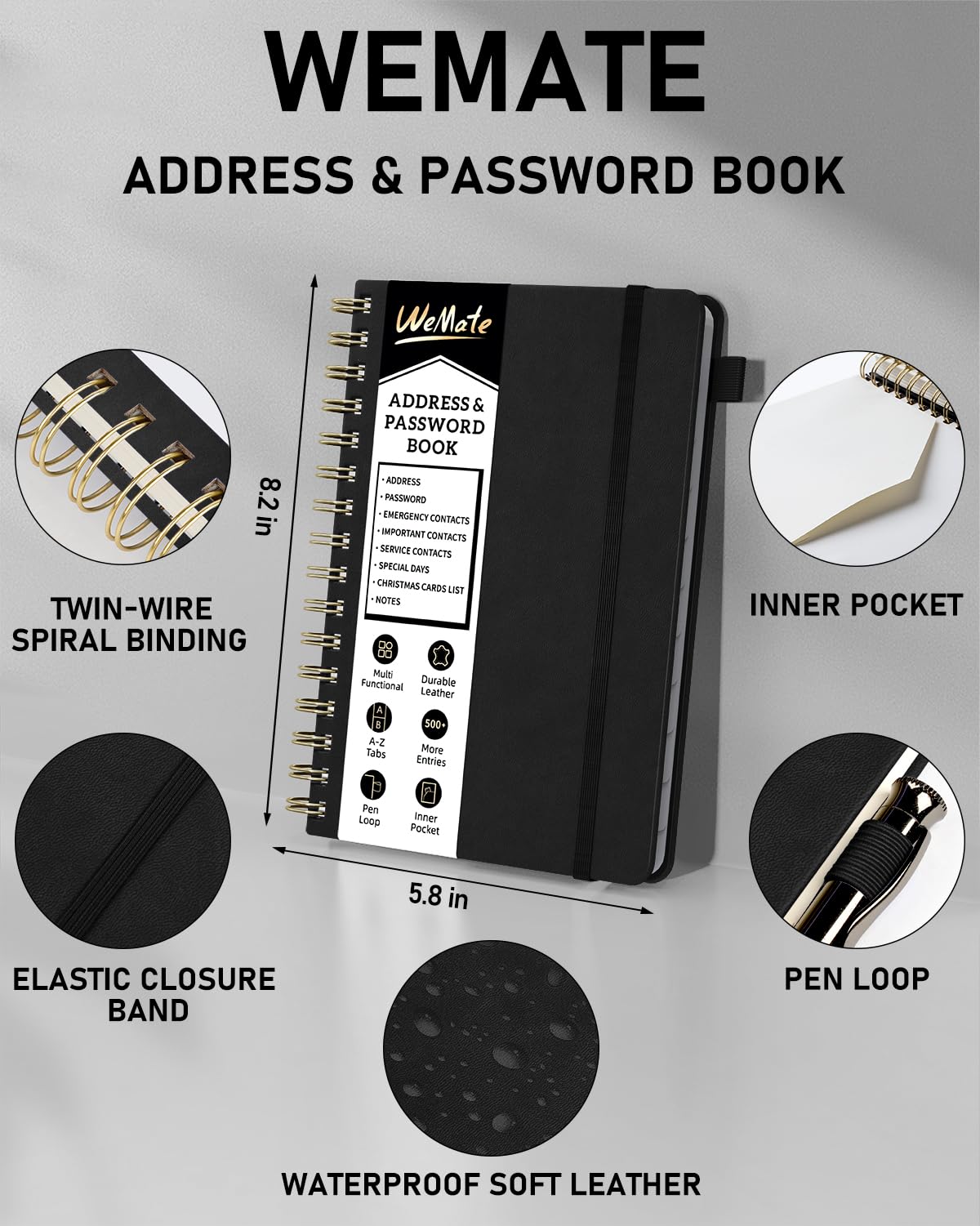 WEMATE Spiral Address Book with Alphabetical Tabs, Leather Password Book, Address Organizer Telephone Notebook Journal Keep Contact Safe Hardcover Large Print for Seniors Home Office 5.8″×8.2″, Black