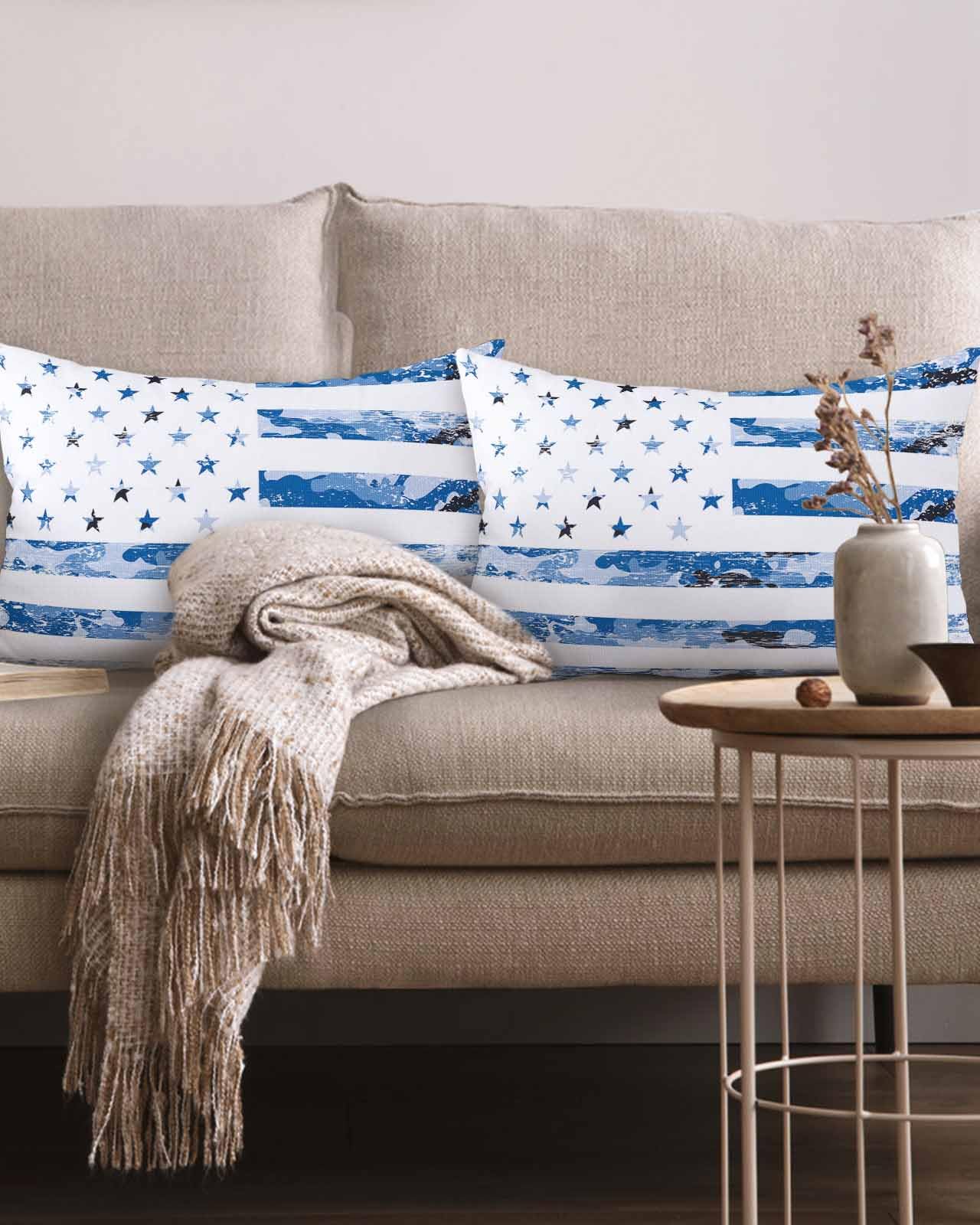 Pillow Cases Linen Pillow Shams Independence Day Camo American Flag Patriotic Pillow Cases Set of 2 12x20 Inches Pillowcases Rectangle Cushion Covers Flax Soft Linen Pillow Covers for Couch Sofa