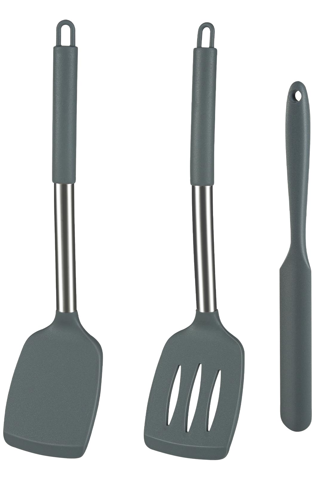 3 Pack Silicone Spatulas, Solid & Slotted Turner Spatula Set for Nonstick Cookware, High Heat Resistant BPA Free Rubber Kitchen Cooking Utensils, Idea for cooking Fish, eggs, steak, Baking - Gray