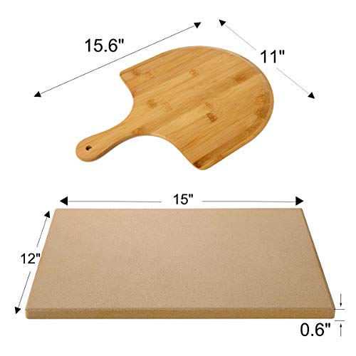 Augosta Pizza Stone for Oven and Grill, Free Wooden Pizza Peel paddle, Durable and Safe Baking Stone for grill, Thermal Shock Resistant cooking stone, 15 x 12 Inch