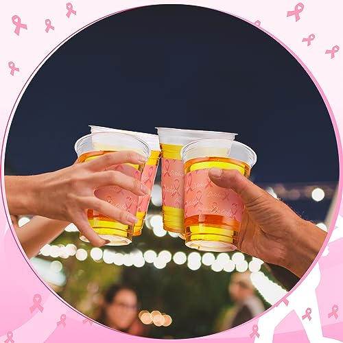 Nuenen 72 Pcs 12 oz Breast Cancer Awareness Clear Disposable Plastic Cups Pink Ribbon Breast Cancer Decorations for Believe Hope Ribbon Printed Party Drinking Cups for Tableware Supply (Pink)