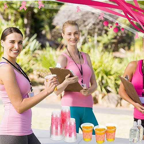 Nuenen 72 Pcs 12 oz Breast Cancer Awareness Clear Disposable Plastic Cups Pink Ribbon Breast Cancer Decorations for Believe Hope Ribbon Printed Party Drinking Cups for Tableware Supply (Pink)