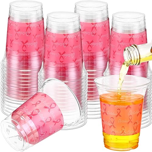 Nuenen 72 Pcs 12 oz Breast Cancer Awareness Clear Disposable Plastic Cups Pink Ribbon Breast Cancer Decorations for Believe Hope Ribbon Printed Party Drinking Cups for Tableware Supply (Pink)