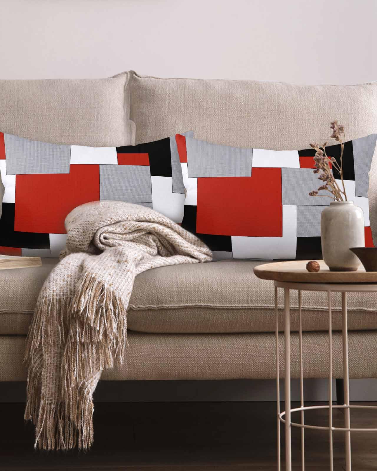 Pillow Cases Linen Pillow Shams White Grey Black Red Abstract Irregular Geometric Pillow Cases Set of 2 12x20 Inches Pillowcases Rectangle Cushion Covers Flax Soft Linen Pillow Covers for Couch Sofa