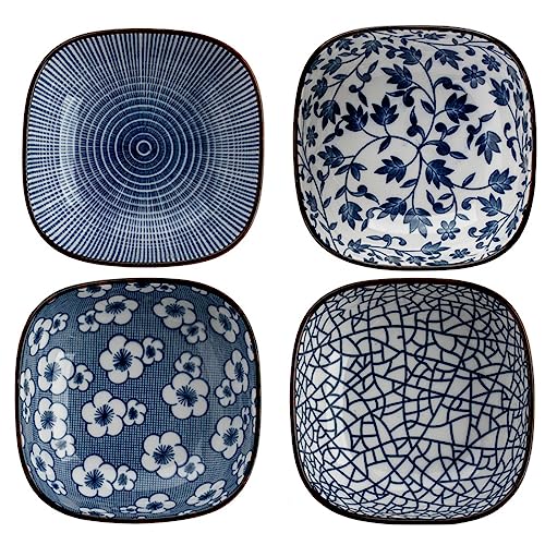 YXWXY Ceramic Snack Plate 4 Pcs Blue Style D Dessert Salad Plates 4.3Inch Ceramic Dishes Japanese Bowl Sushi Sauce Seasoning Dishes Dipping Bowls For Condiment Sushi Ketchup Bbq Party