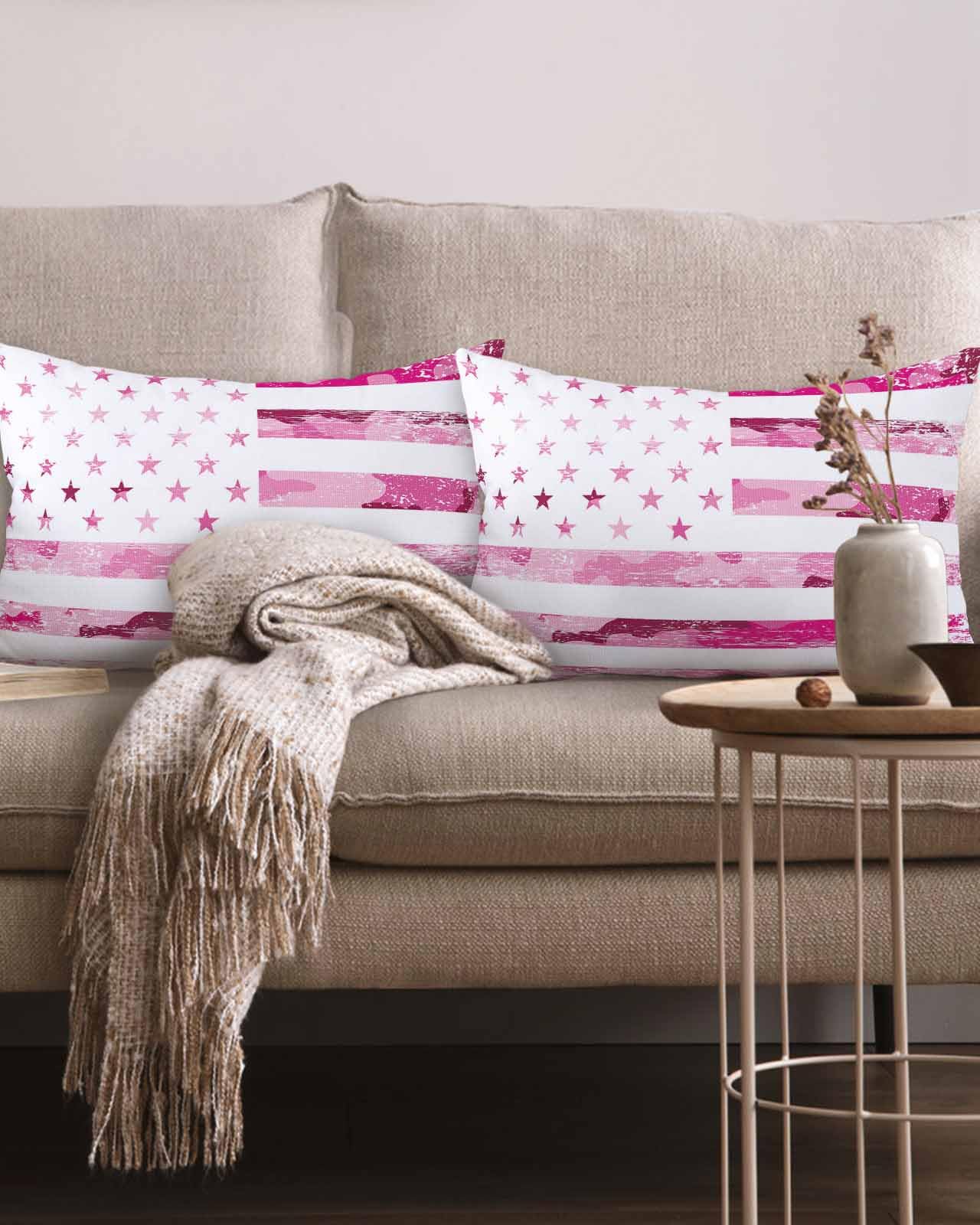 Pillow Cases Linen Pillow Shams Independence Day Pink Camo American Flag Patriotic Pillow Cases Set of 2 12x20 Inches Pillowcases Rectangle Cushion Covers Flax Soft Linen Pillow Covers for Couch Sofa