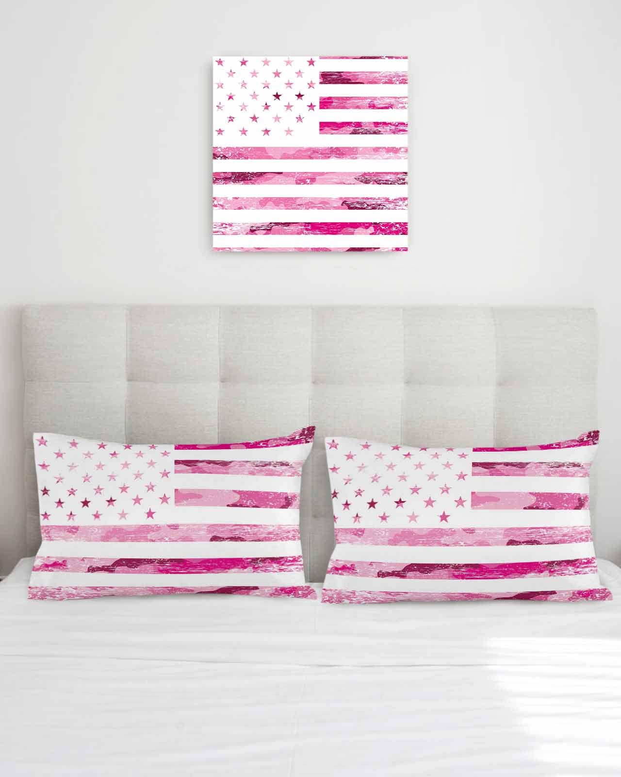 Pillow Cases Linen Pillow Shams Independence Day Pink Camo American Flag Patriotic Pillow Cases Set of 2 12x20 Inches Pillowcases Rectangle Cushion Covers Flax Soft Linen Pillow Covers for Couch Sofa