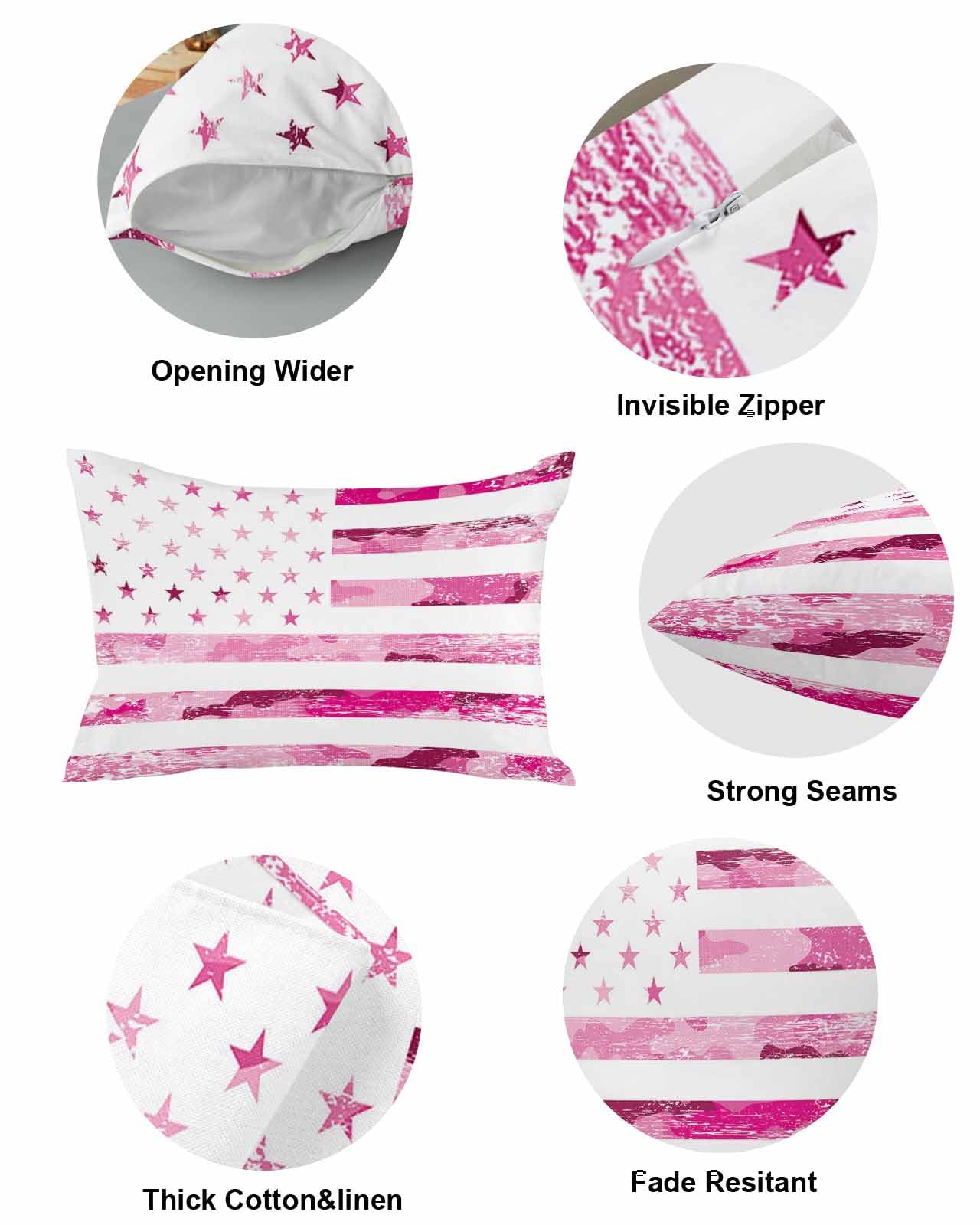 Pillow Cases Linen Pillow Shams Independence Day Pink Camo American Flag Patriotic Pillow Cases Set of 2 12x20 Inches Pillowcases Rectangle Cushion Covers Flax Soft Linen Pillow Covers for Couch Sofa