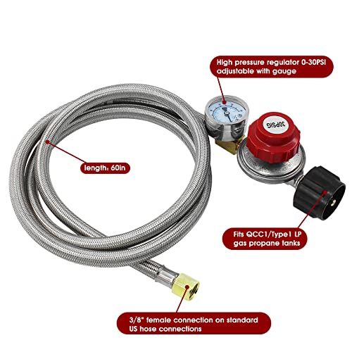 MENSI 0-30PSI High Pressure Adjustable Propane Regulator with Braided Hose 60inches