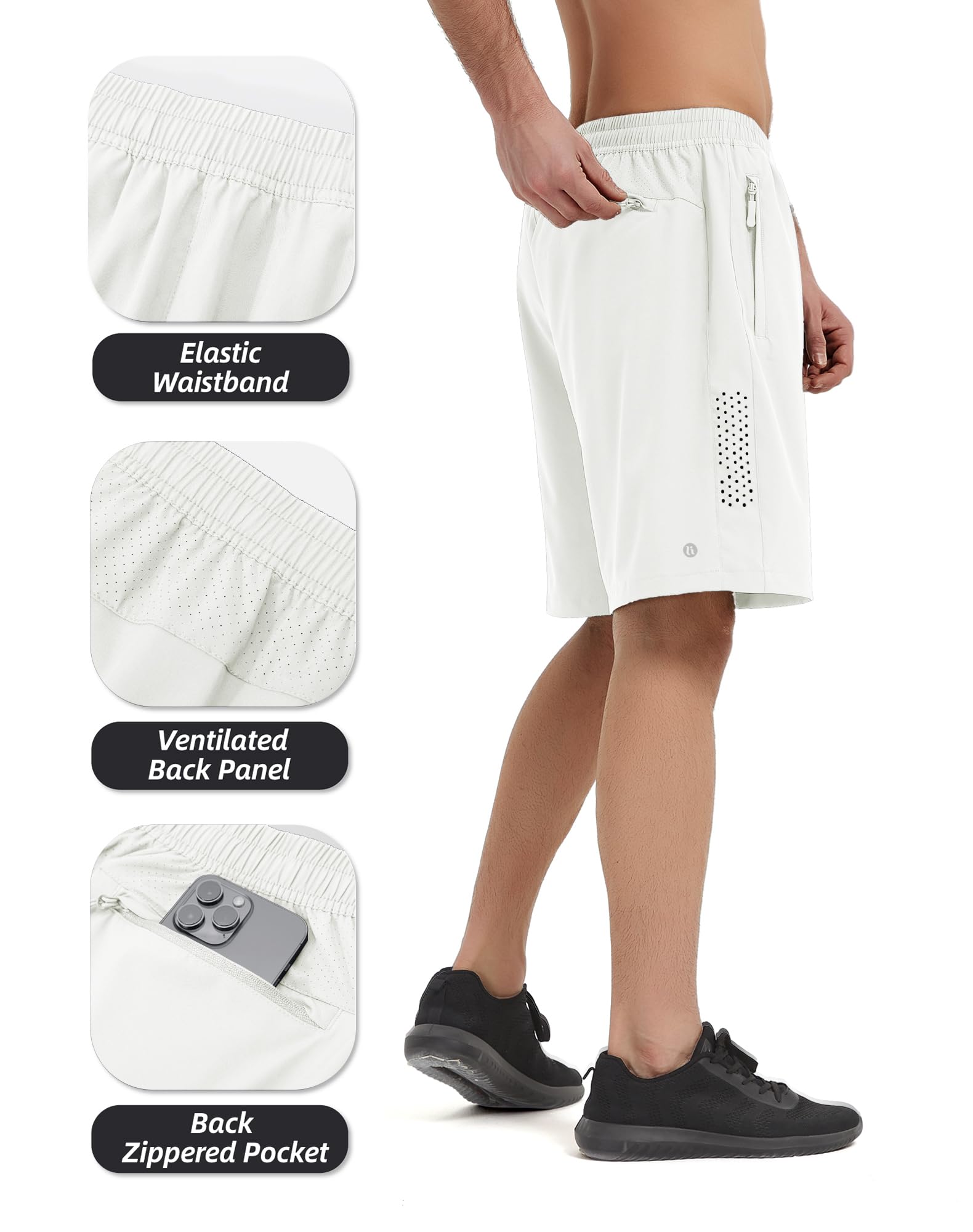 HIFEOS Mens Athletic Shorts -Running, Tennis Gym Workout Shorts for Men 5"/7"/9"- Comfort, Lightweight, 3 Zippered Pockets White