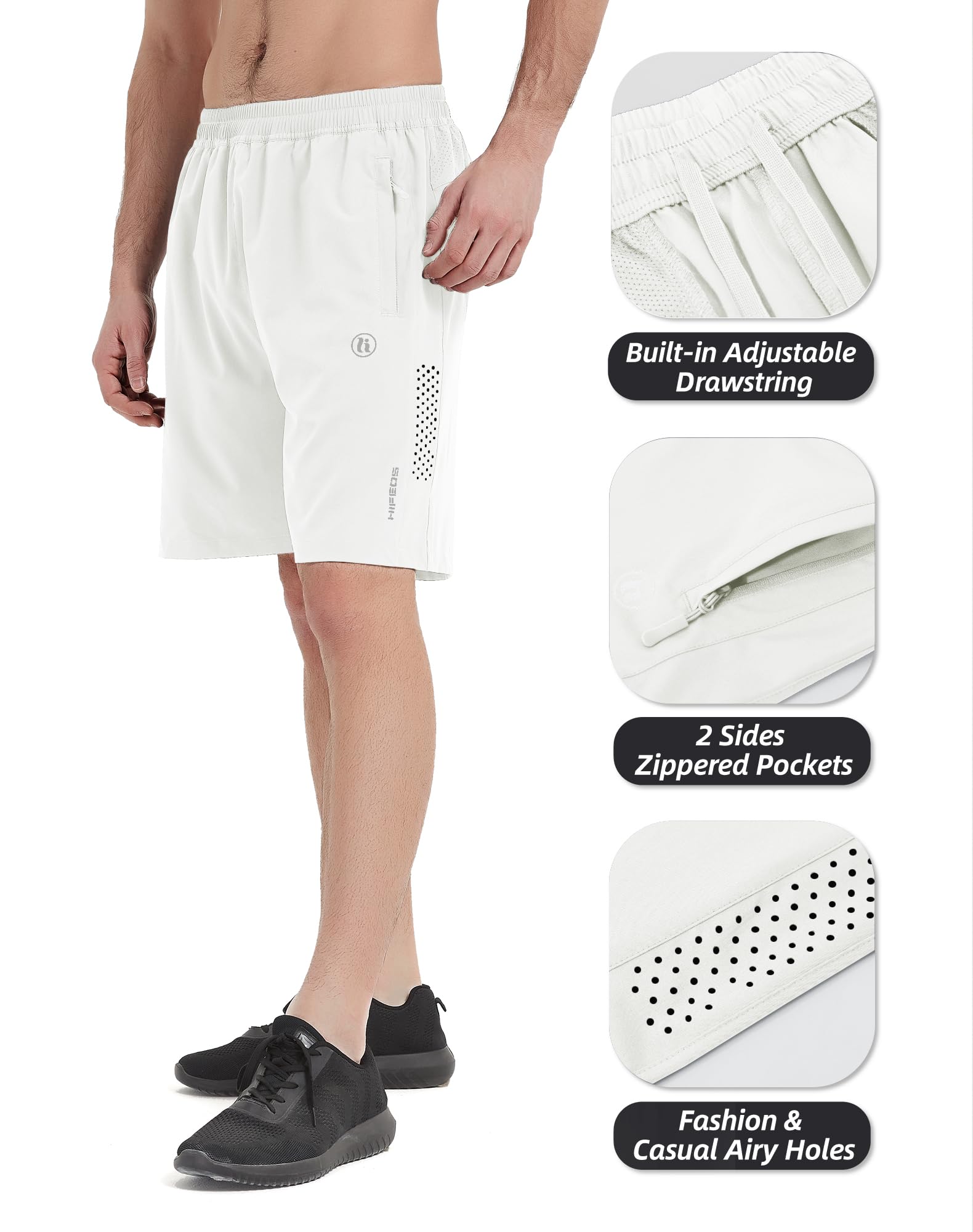 HIFEOS Mens Athletic Shorts -Running, Tennis Gym Workout Shorts for Men 5"/7"/9"- Comfort, Lightweight, 3 Zippered Pockets White