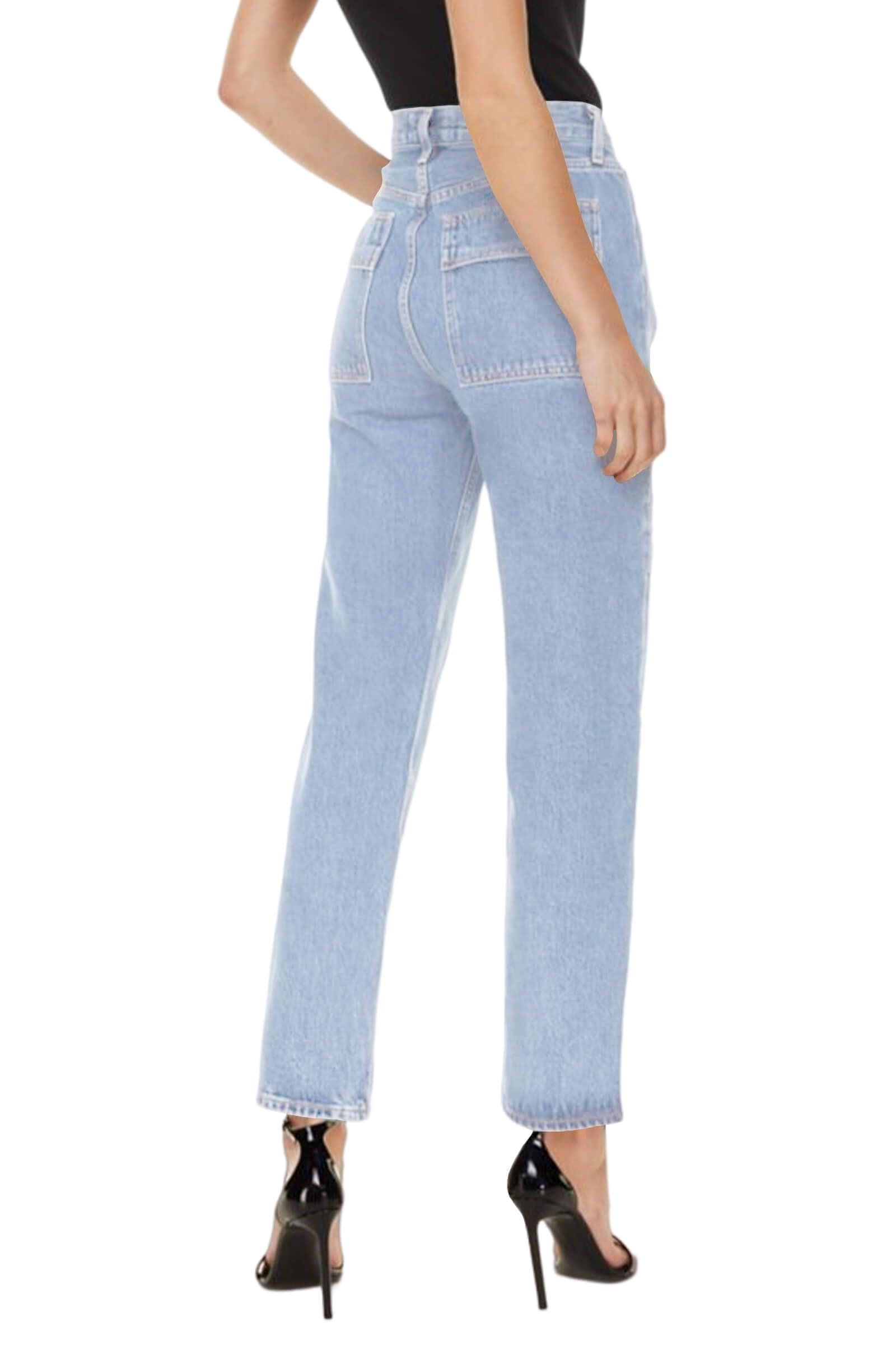 PLNOTME Women's High Waisted Jeans Straight Leg Cargo Trendy Denim Pants with Pockets Light Blue