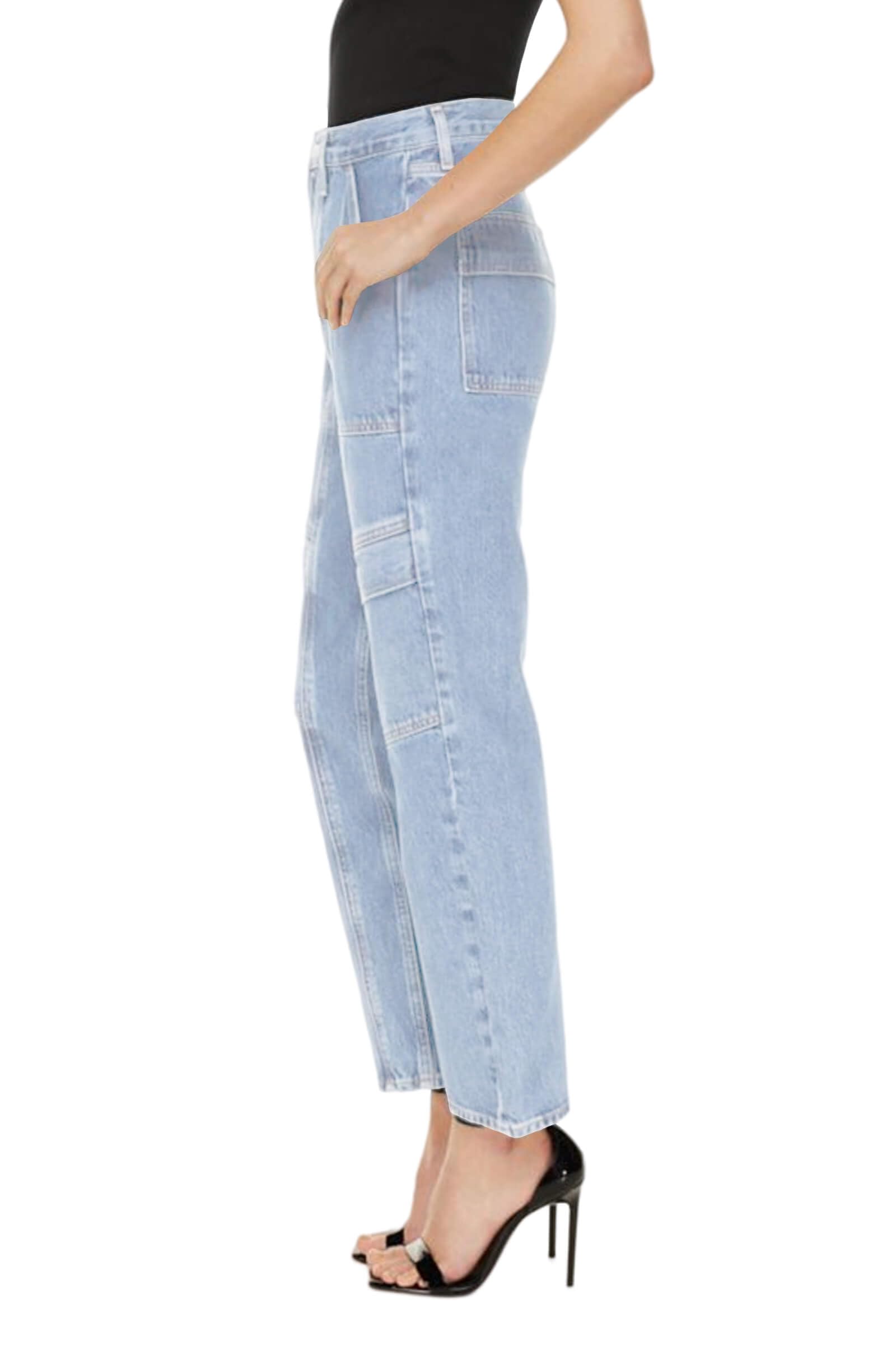 PLNOTME Women's High Waisted Jeans Straight Leg Cargo Trendy Denim Pants with Pockets Light Blue