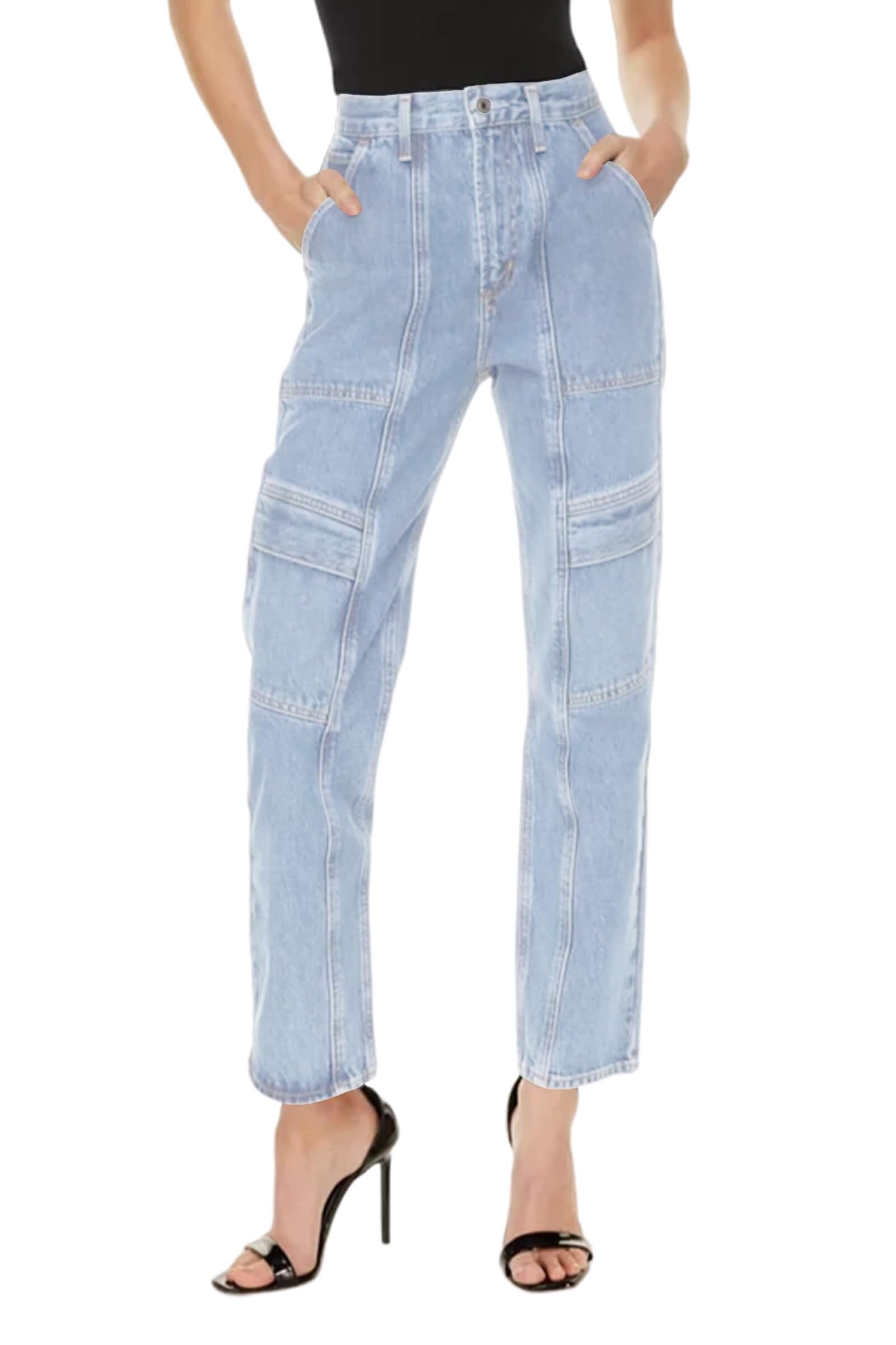 PLNOTME Women's High Waisted Jeans Straight Leg Cargo Trendy Denim Pants with Pockets Light Blue