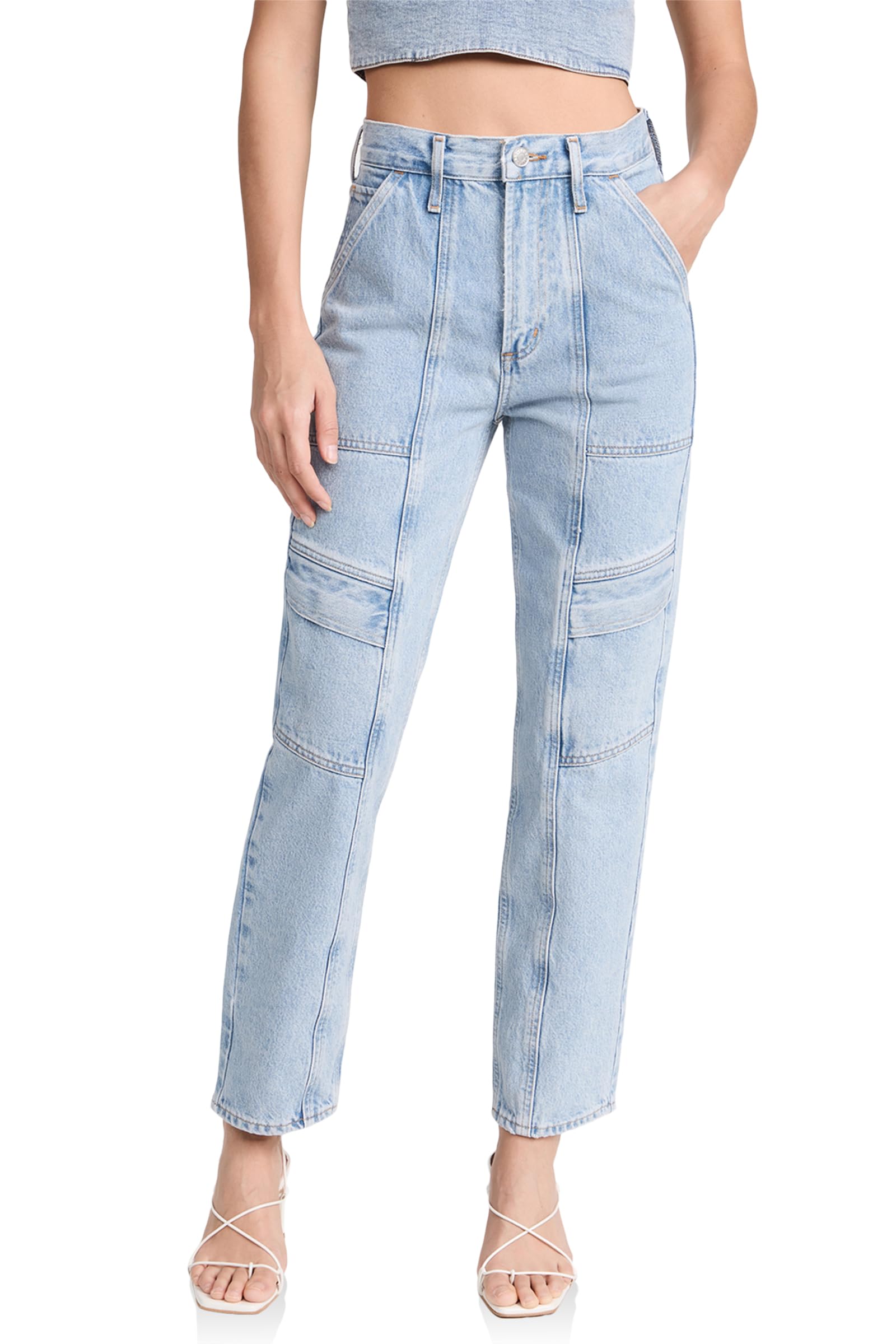 PLNOTME Women's High Waisted Jeans Straight Leg Cargo Trendy Denim Pants with Pockets Light Blue