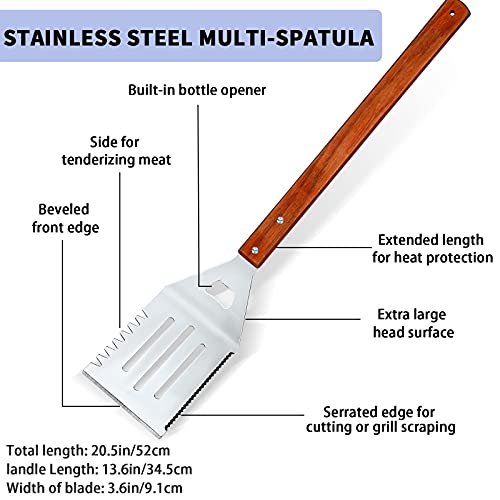 2 Pieces BBQ Extra Long Grill Turner and Grill Spatula, Stainless Steel Barbecue Grilling Accessories, Slotted Spatula and Solid Kitchen Spatula with Wooden Handle, 20 Inch