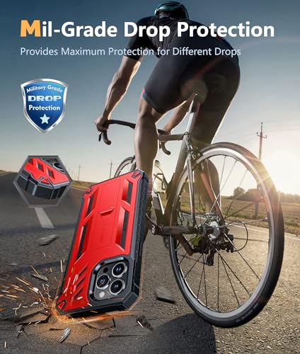 FNTCASE for iPhone 13 Pro-Max Case: Military Grade Shockproof Protective Phone Cover with Kickstand - Dual Layer Full Protection Matte Textured Drop Proof Heavy Duty Hard Cases - 6.7 Inch Red