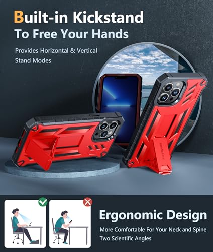 FNTCASE for iPhone 13 Pro-Max Case: Military Grade Shockproof Protective Phone Cover with Kickstand - Dual Layer Full Protection Matte Textured Drop Proof Heavy Duty Hard Cases - 6.7 Inch Red