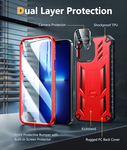 FNTCASE for iPhone 13 Pro-Max Case: Military Grade Shockproof Protective Phone Cover with Kickstand - Dual Layer Full Protection Matte Textured Drop Proof Heavy Duty Hard Cases - 6.7 Inch Red