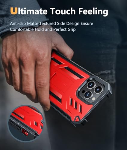 FNTCASE for iPhone 13 Pro-Max Case: Military Grade Shockproof Protective Phone Cover with Kickstand - Dual Layer Full Protection Matte Textured Drop Proof Heavy Duty Hard Cases - 6.7 Inch Red