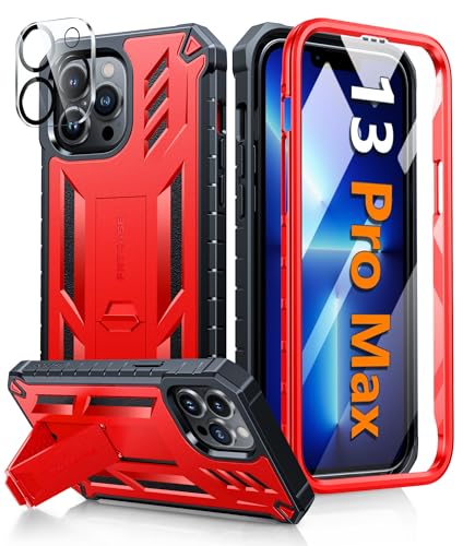 FNTCASE for iPhone 13 Pro-Max Case: Military Grade Shockproof Protective Phone Cover with Kickstand - Dual Layer Full Protection Matte Textured Drop Proof Heavy Duty Hard Cases - 6.7 Inch Red